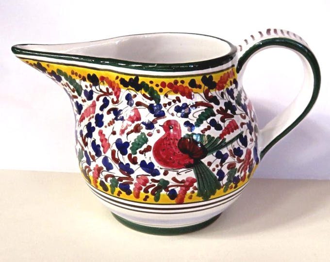 BIG DERUTA Pitcher,hand Painted,vintage,arabesco,birds,flowers,9"x 5 1/ ...