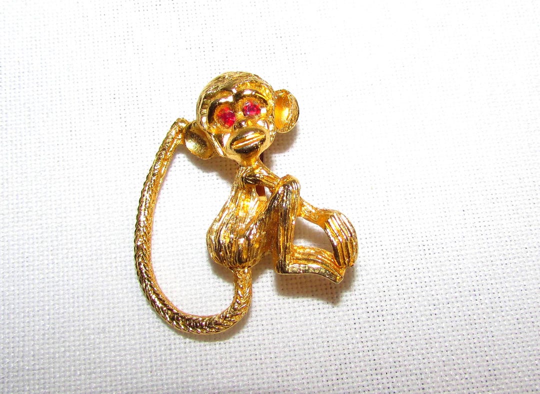 Vintage Tiny Baby Monkey Pin Brooch With Red Rhinestone Eyes on Etsy ...