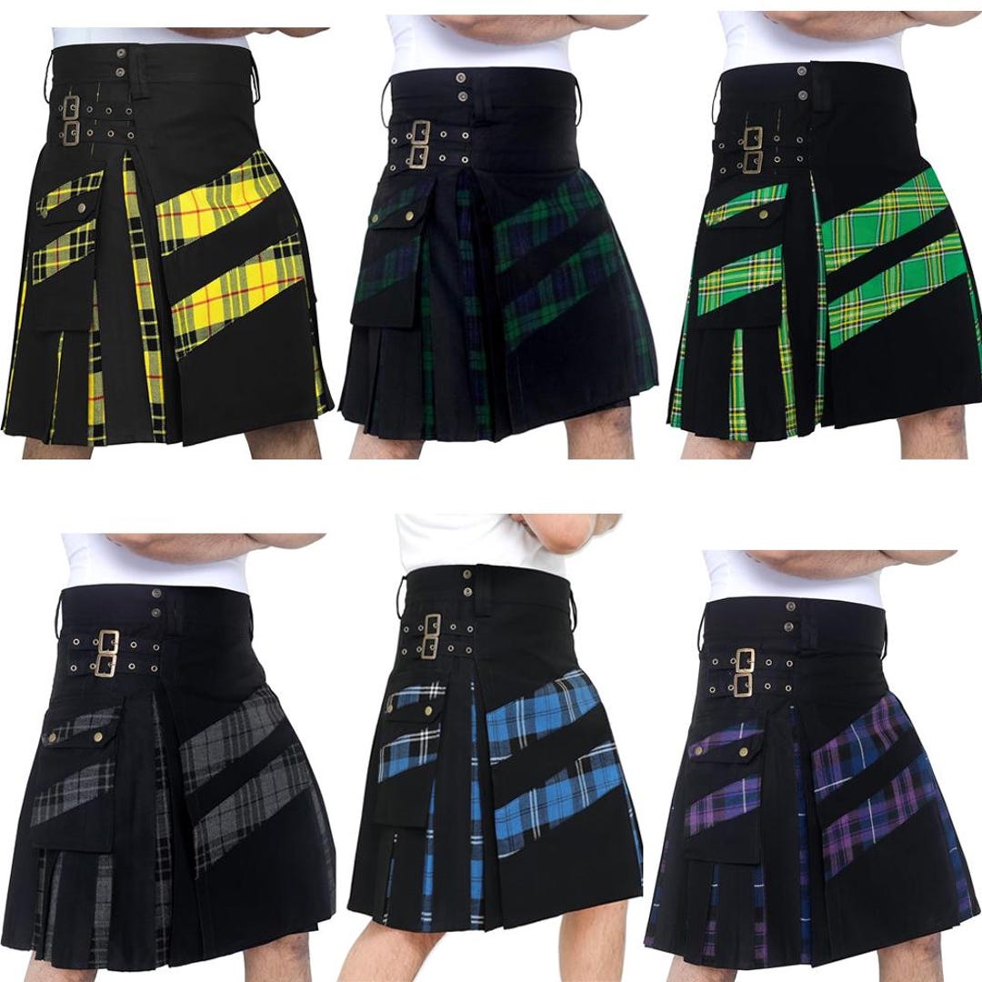 Men's Modern Hybrid Cotton & Tartan Cross Strip Designer Kilts for Weddings Utility Cotton ...