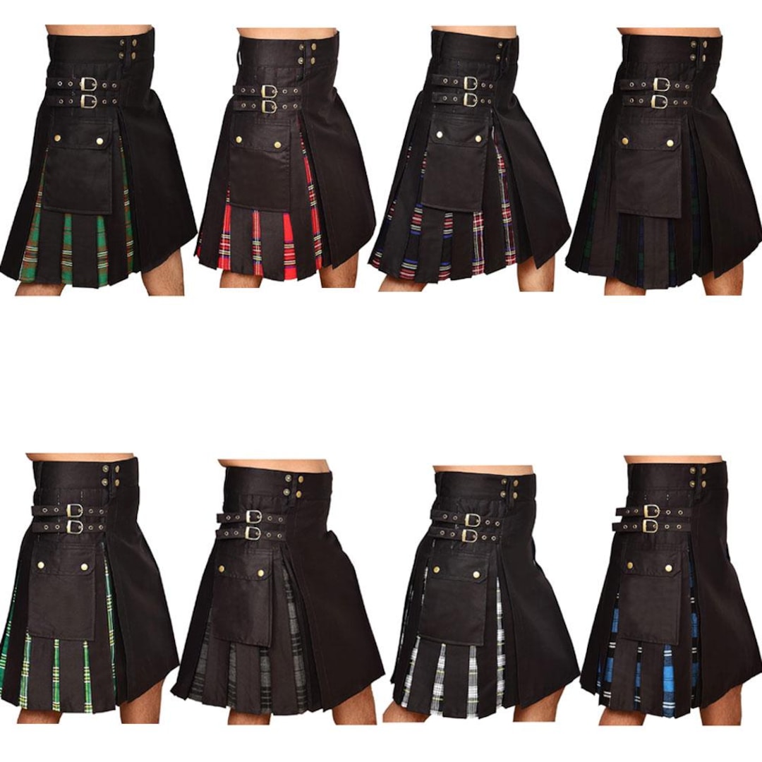 Men's Hybrid Black Cotton & Tartan Utility Kilt for Men Plus Size Kilts ...
