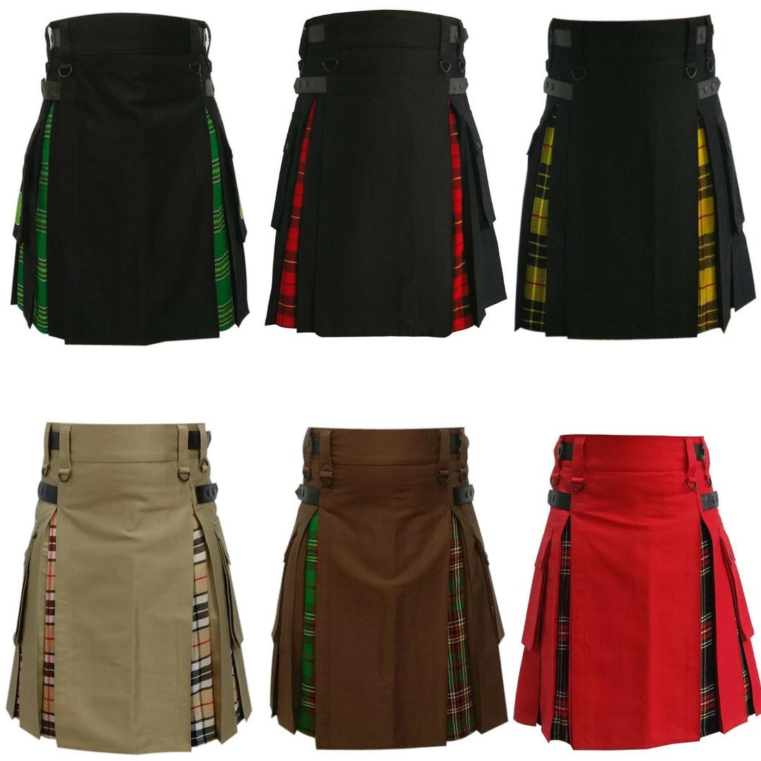 Men's Scottish Handmade Black Cotton Modern Hybrid Kilt With Tartan ...