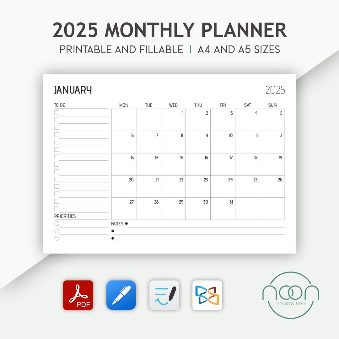 2025 Monthly Planner on One Page Landscape, Monthly Organizer, Monthly ...