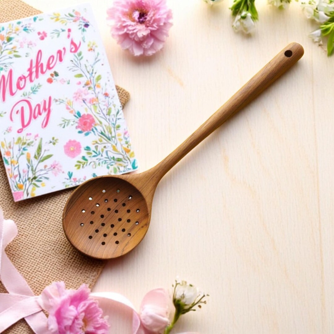 Teak Wood Slotted Round Spatula – Handmade Cooking Utensil Gift for Mom ...