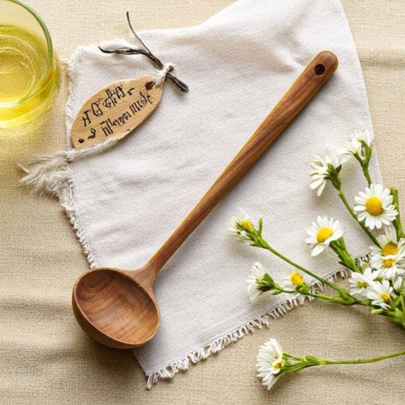 Handmade Wooden Ladle – Teak Wood Kitchen Utensil Gift for Mom, 30cm ...