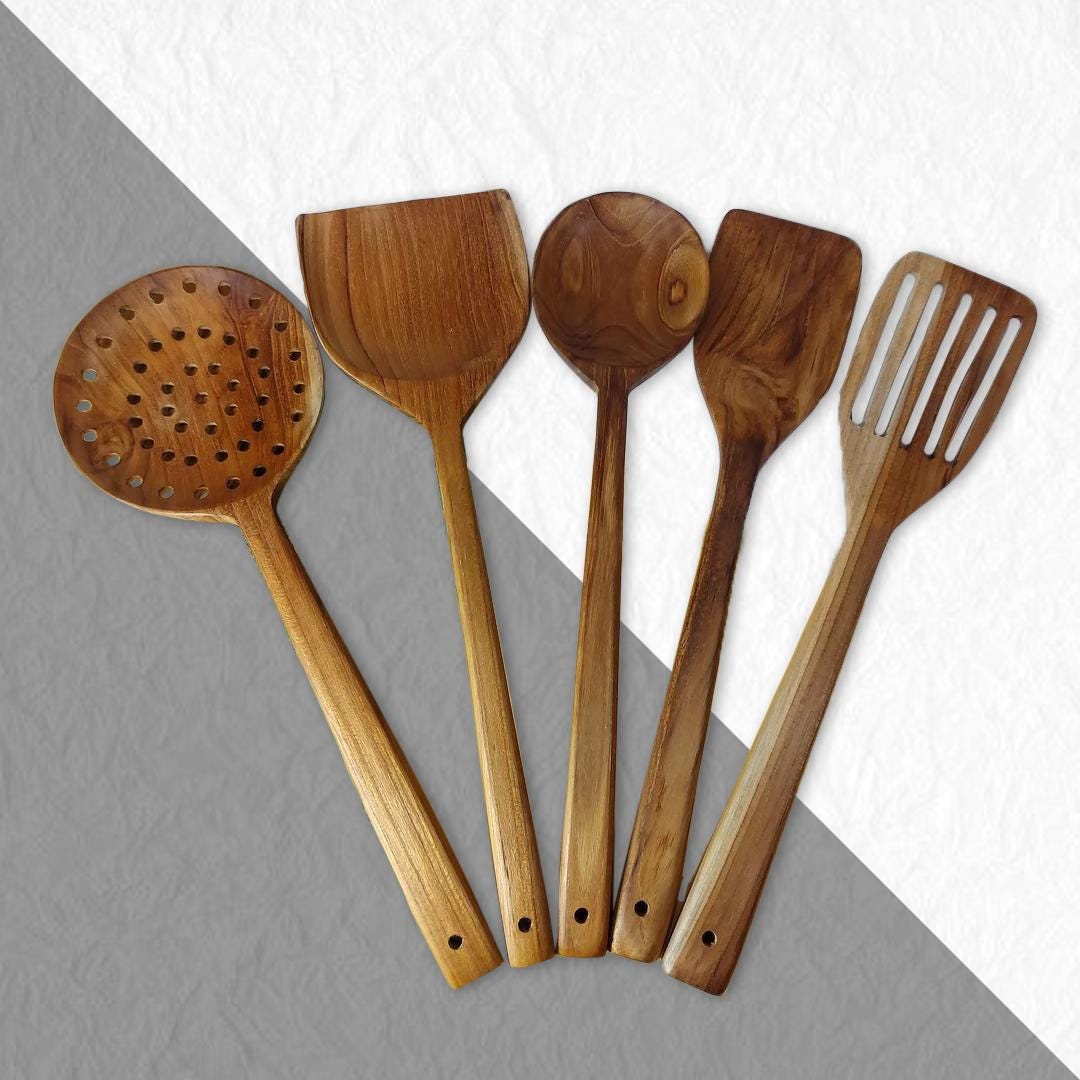 5-piece Teak Wood Cooking Utensils Handcrafted Kitchen Tools for ...