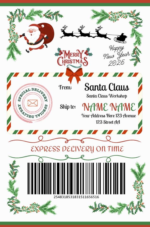Personalized Santa Claus Shipping Label Template: Editable Christmas ...