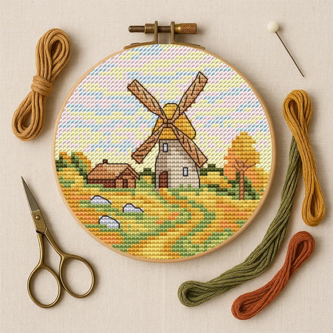 Windmill Landscape Cross Stitch Pattern: Rustic Farm Scene (PDF ...