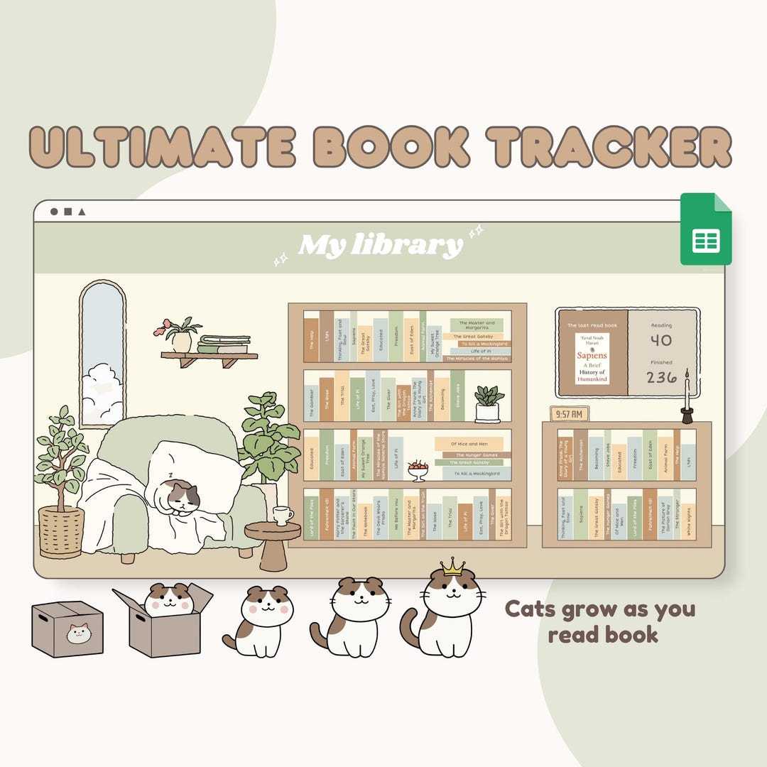 Book Tracker Cat Version Green Reading Planner Book List Organizer ...