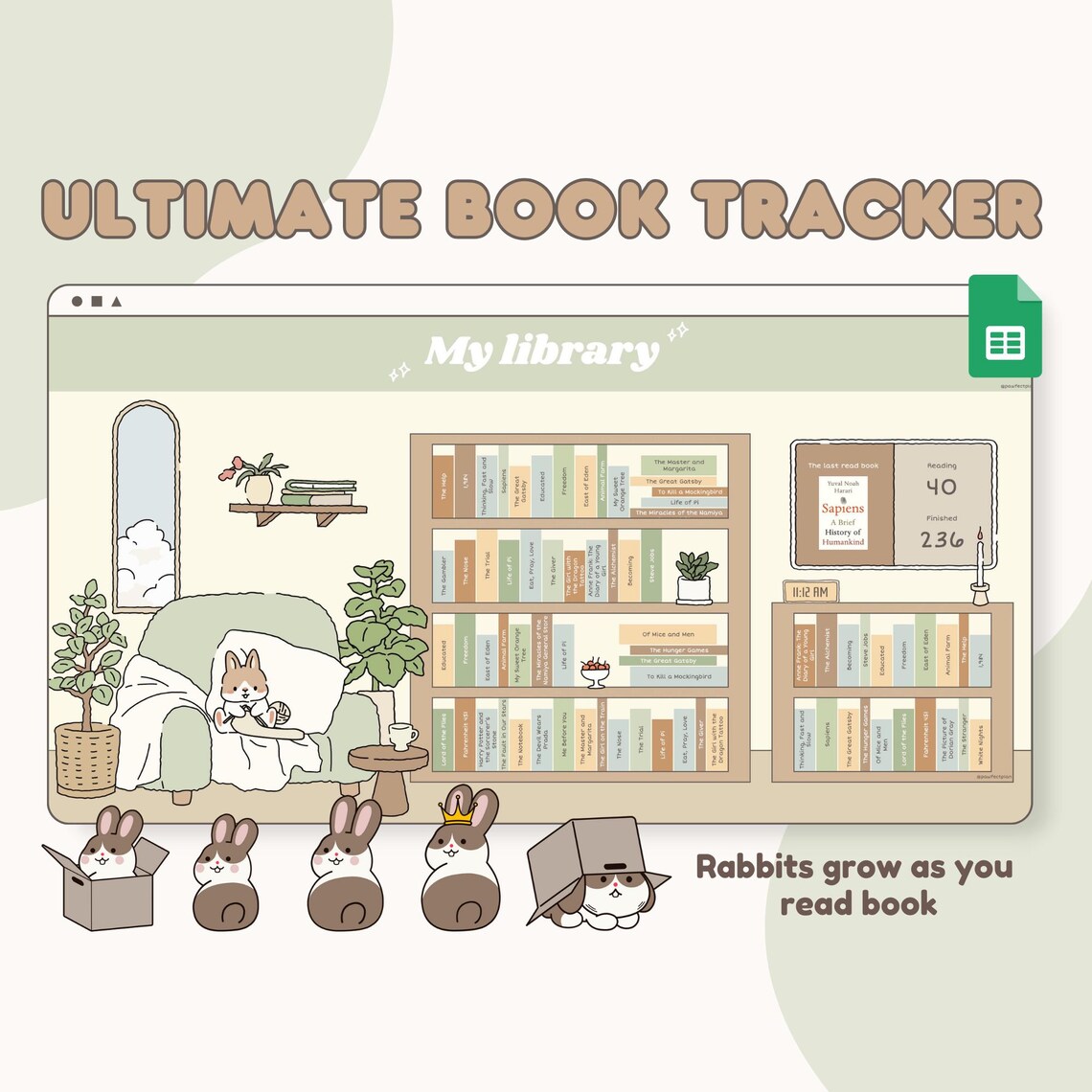 Book Tracker Rabbit Version Green Reading Planner Book List Organizer Google Sheets Ultimate ...