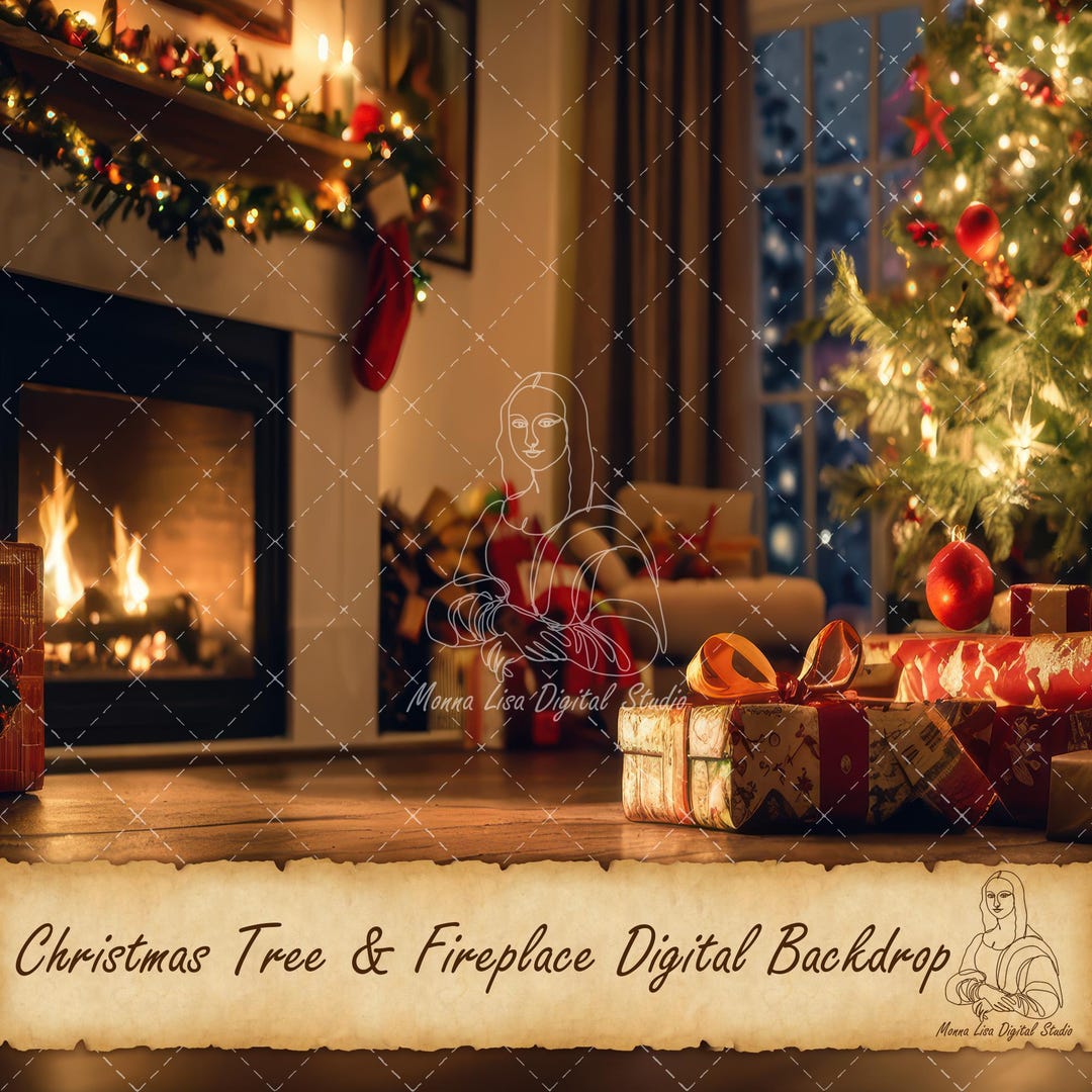 Christmas Tree & Fireplace Digital Background, Festive Backdrop ...