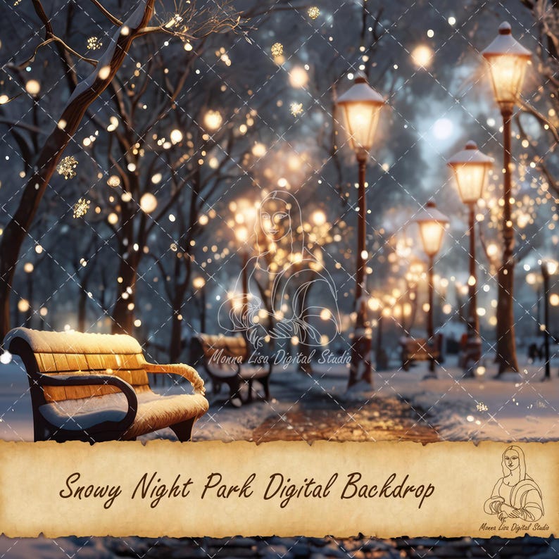 Winter Digital Background, Snowy Night Park Backdrop, Landscape ...