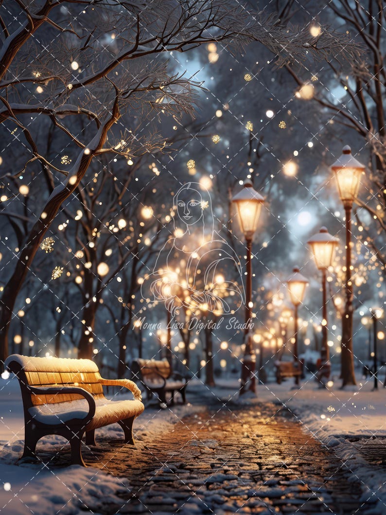 Winter Digital Background, Snowy Night Park Backdrop, Landscape ...