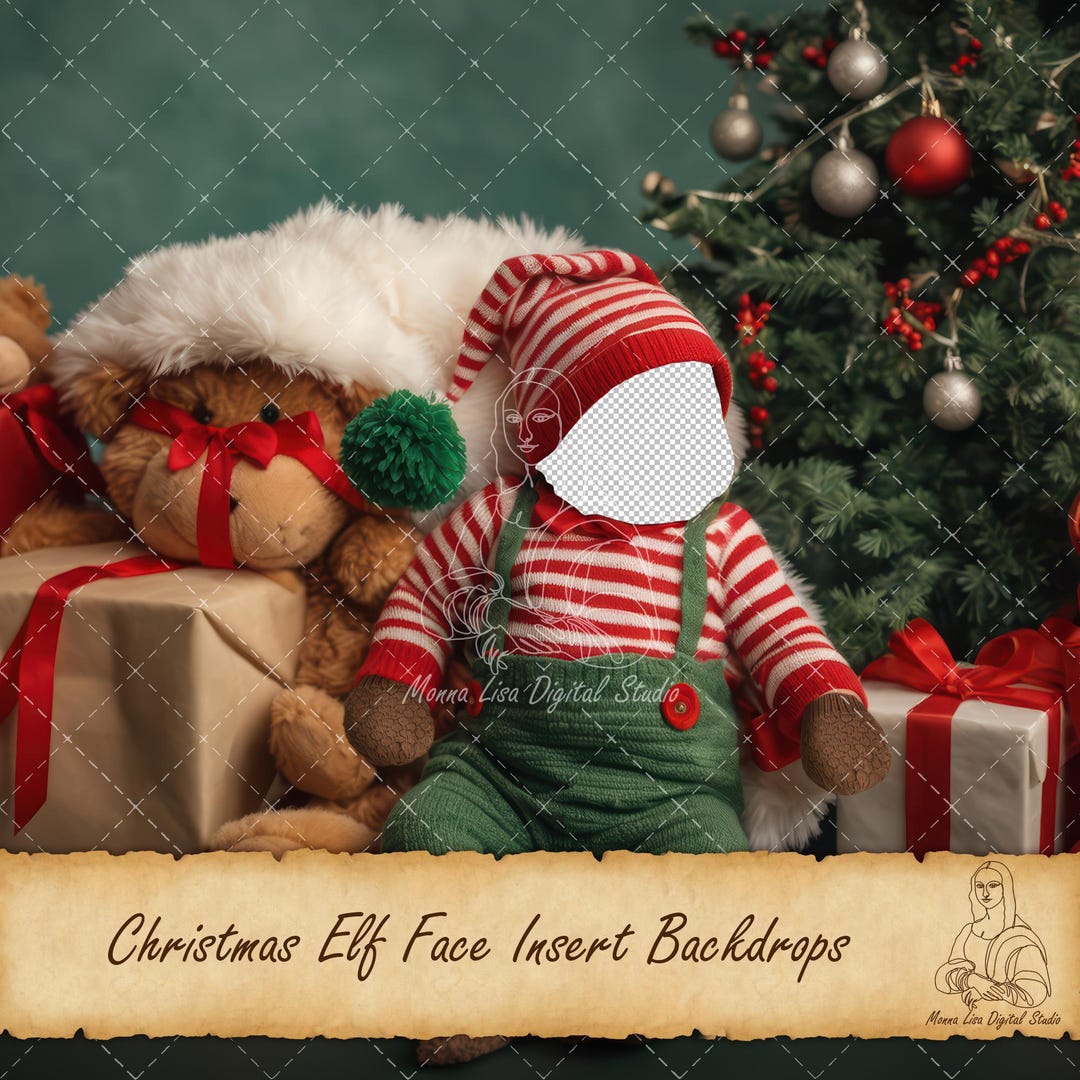 Christmas Elf Face Insert Backdrop, Newborn Add Face Overlay, Face Insert Background, Add Baby ...
