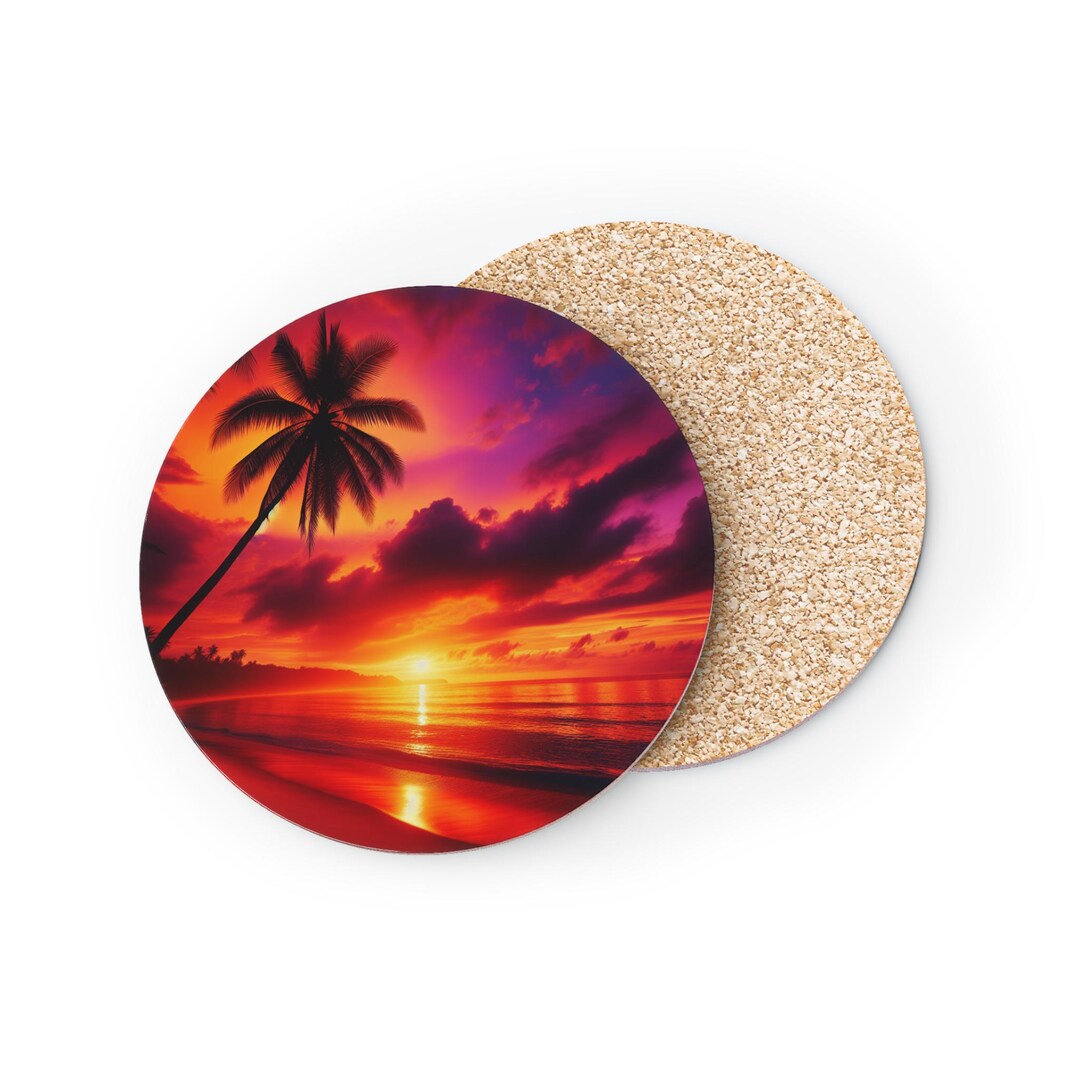 Beach Sunset Coasters, Palm Tree Vacation Scene, Round Square Drink ...