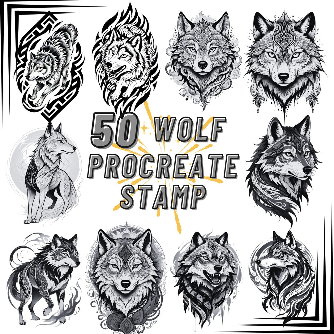 50 Tribal Style Wolf Tattoo Procreate Stamps - Tattoo Stencils - Wolf ...