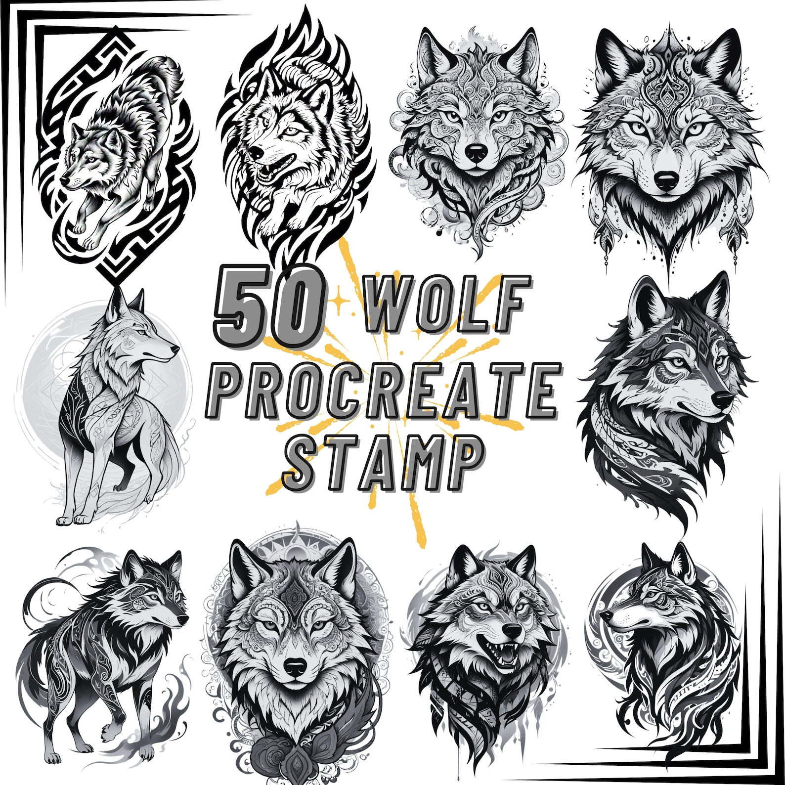 50 Tribal Style Wolf Tattoo Procreate Stamps - Tattoo Stencils - Wolf Brushset - Wolf Designs ...