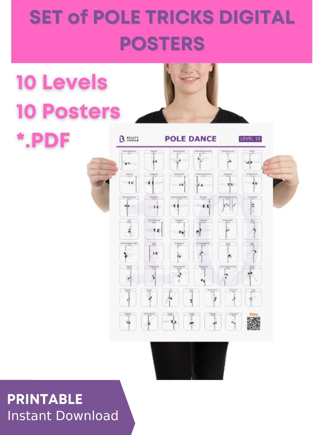 SET of Printable Pole Dance Pose 10 Posters LEVEL From Beginer to ...