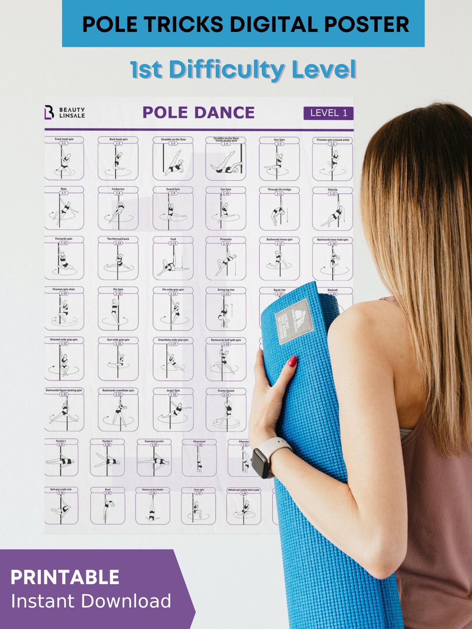 Printable Pole Dance Pose Poster for Beginer LEVEL 1 for Print *.PDF | Poledance Tricks | Gift ...