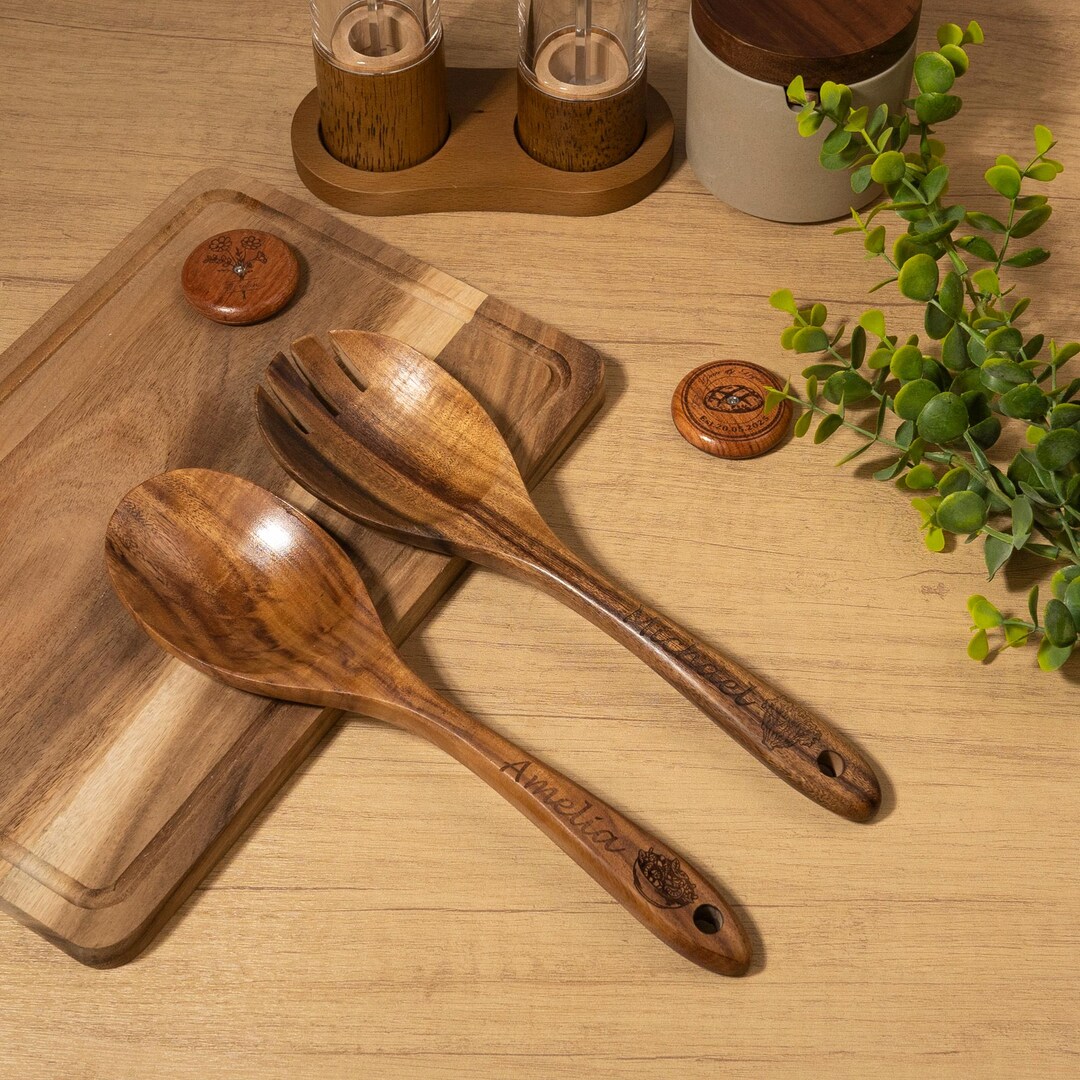 Custom Engraved Wood Salad Utensils Set, Kitchen Accessorie, Wooden ...
