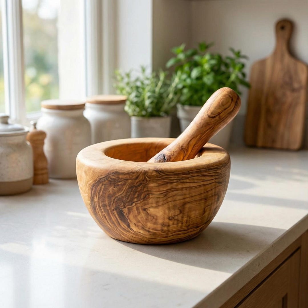 Olive Wood Mortar With Pestle, Spice and Herb Mortar, Kitchen Utensils ...