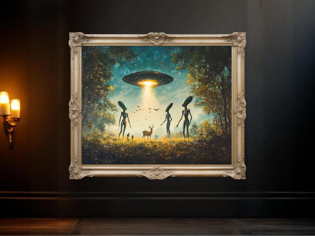 Alien Encounter Wall Art Print, UFO Fantasy Forest Scene Art ...