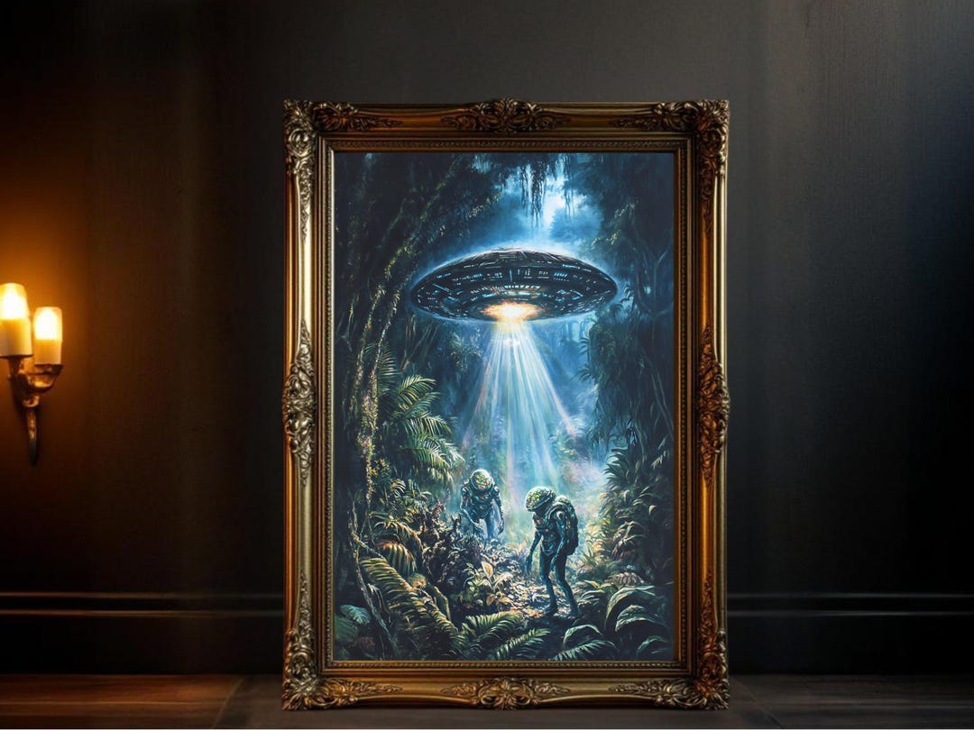 Alien Encounter Wall Art, Sci-fi Forest Scene Art Print, UFO Spaceship ...
