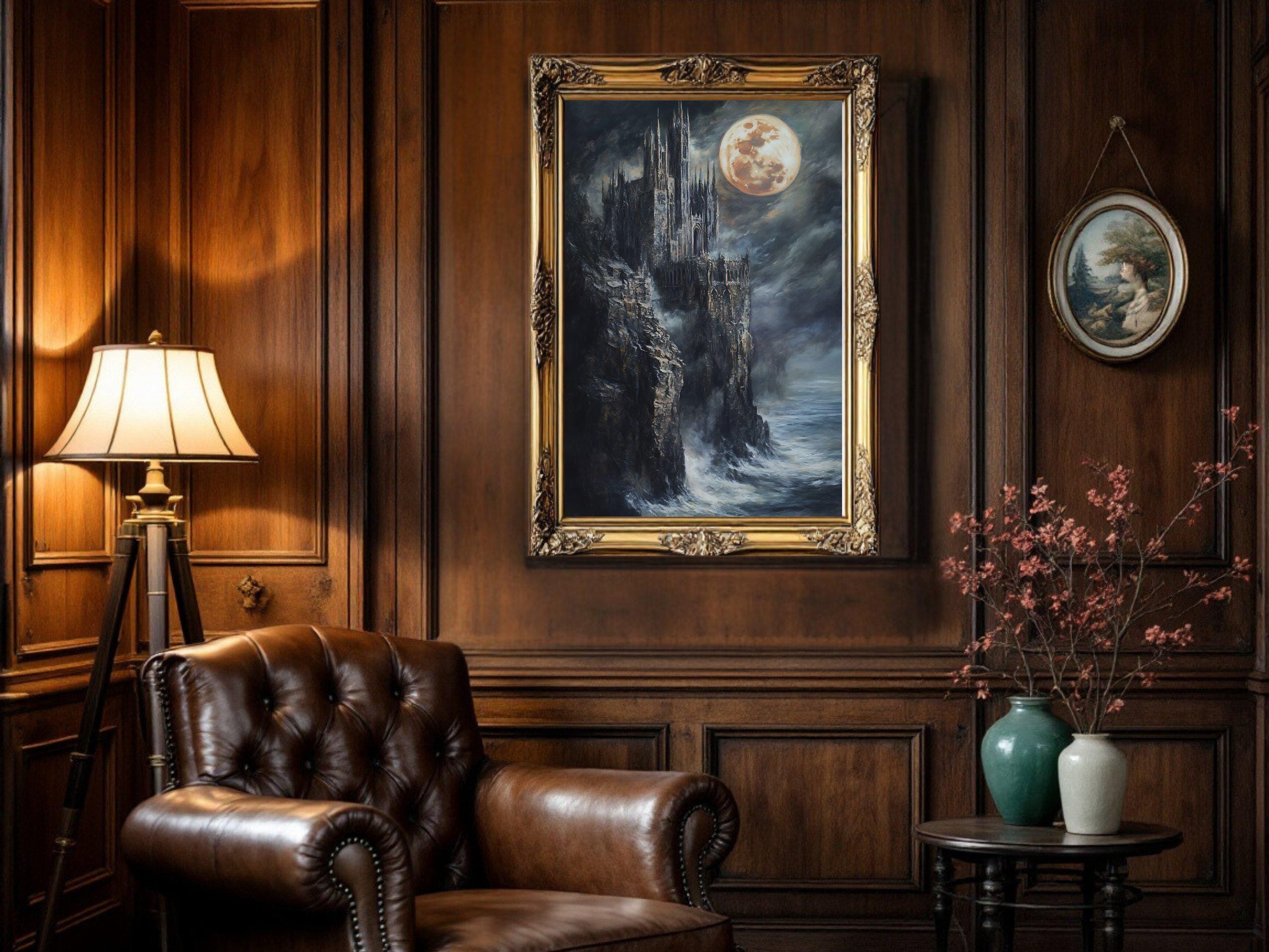 Dark Gothic Castle Wall Art, Full Moon Night Fantasy Landscape Poster ...