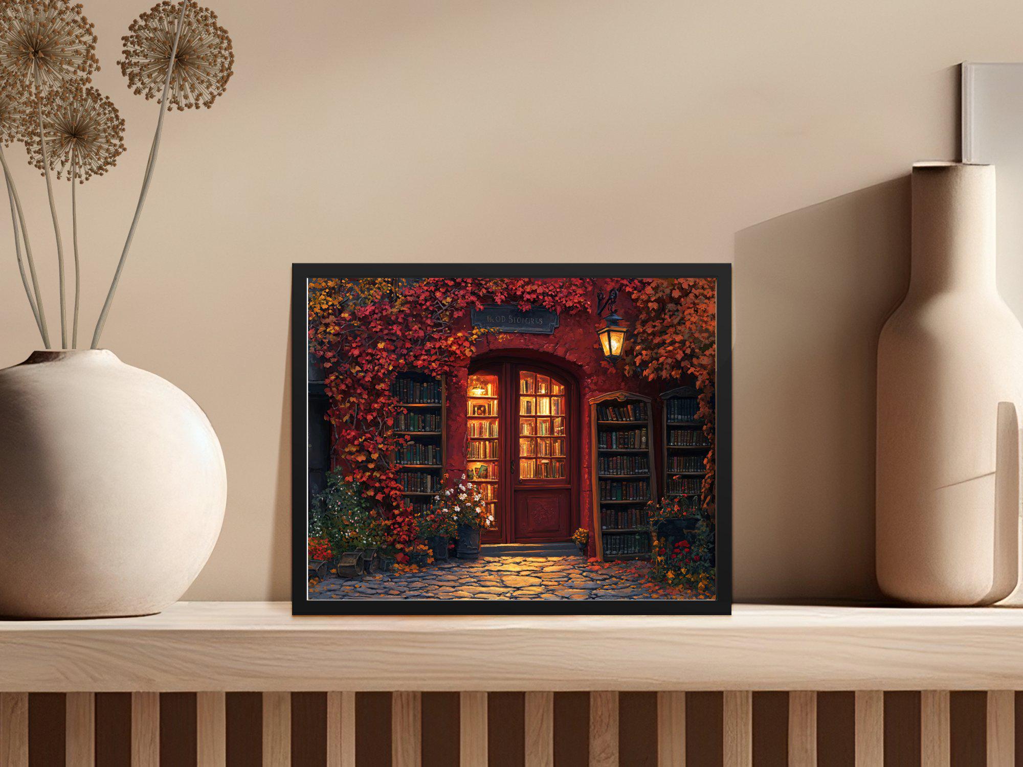 Cozy Bookstore Entrance Wall Art Print, Autumn Vine Covered Doorway ...