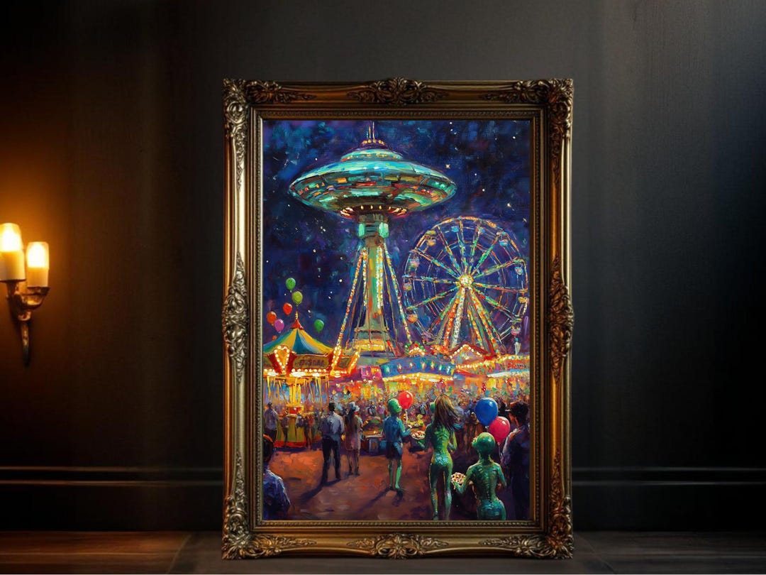 Retro Carnival Sci Fi Wall Art Print, Alien Fairground Painting ...