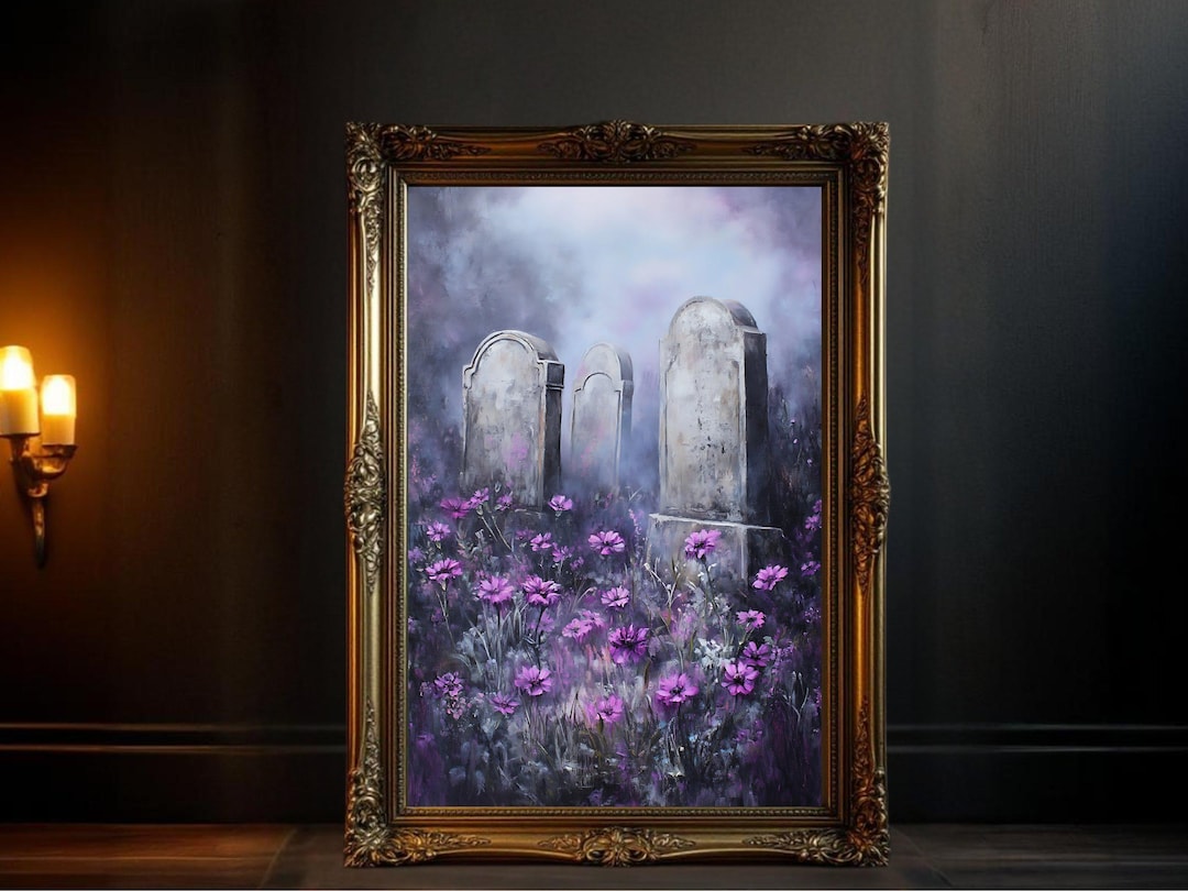 Gothic Cemetery Grave Tombstones With Purple Flowers Wall Art Print ...