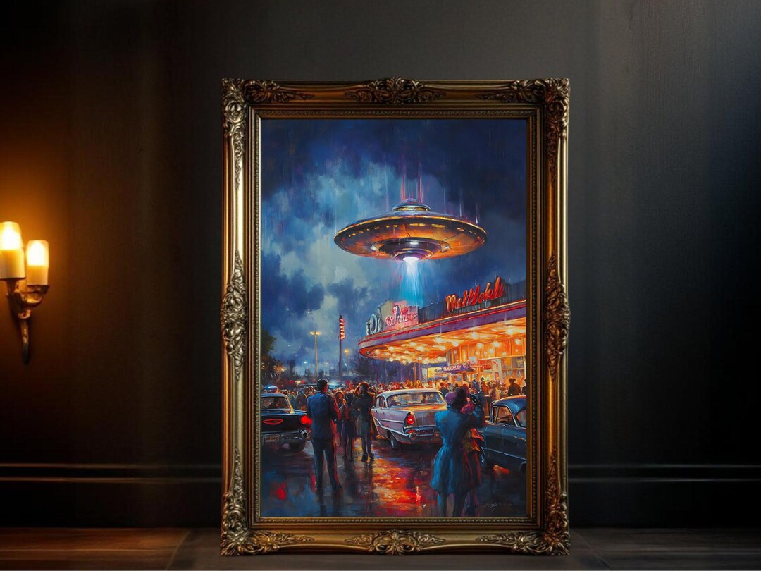 Vintage UFO Scene Wall Art, Retro Diner 1950s Poster, Sci-fi Artwork ...