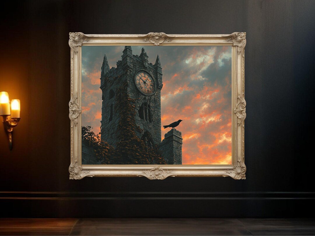 Gothic Tower Clock Wall Art, Gothic Architecture Print, Raven at Dusk ...