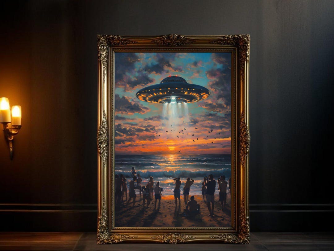 UFO Sunset Encounter Wall Art, Alien Spaceship Beach Scene Print ...