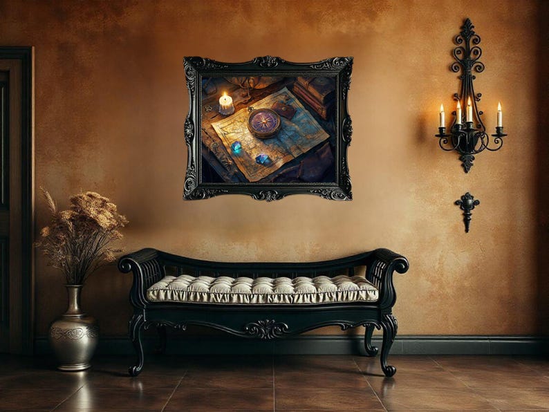 Vintage Map and Compass Wall Art, Candlelit Antique Study Decor ...