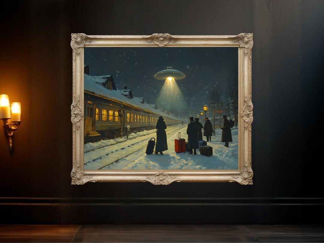 UFO Painting at Snowy Train Station, Surrealist UFO Scene, Snowy Night ...