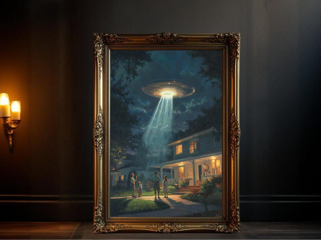 UFO Abduction Art Print, Alien Spaceship in Suburban Neighborhood ...