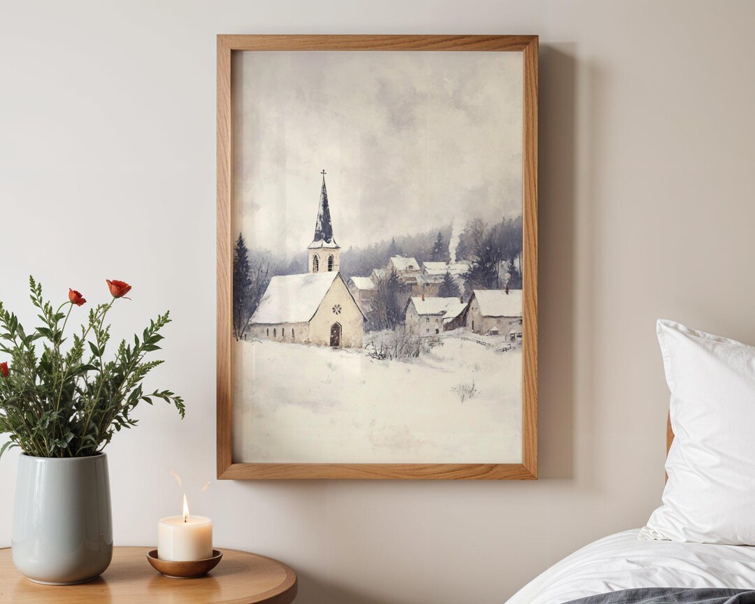 Vintage Winter Village Scene Wall Art Print, Snowy Landscape Church ...