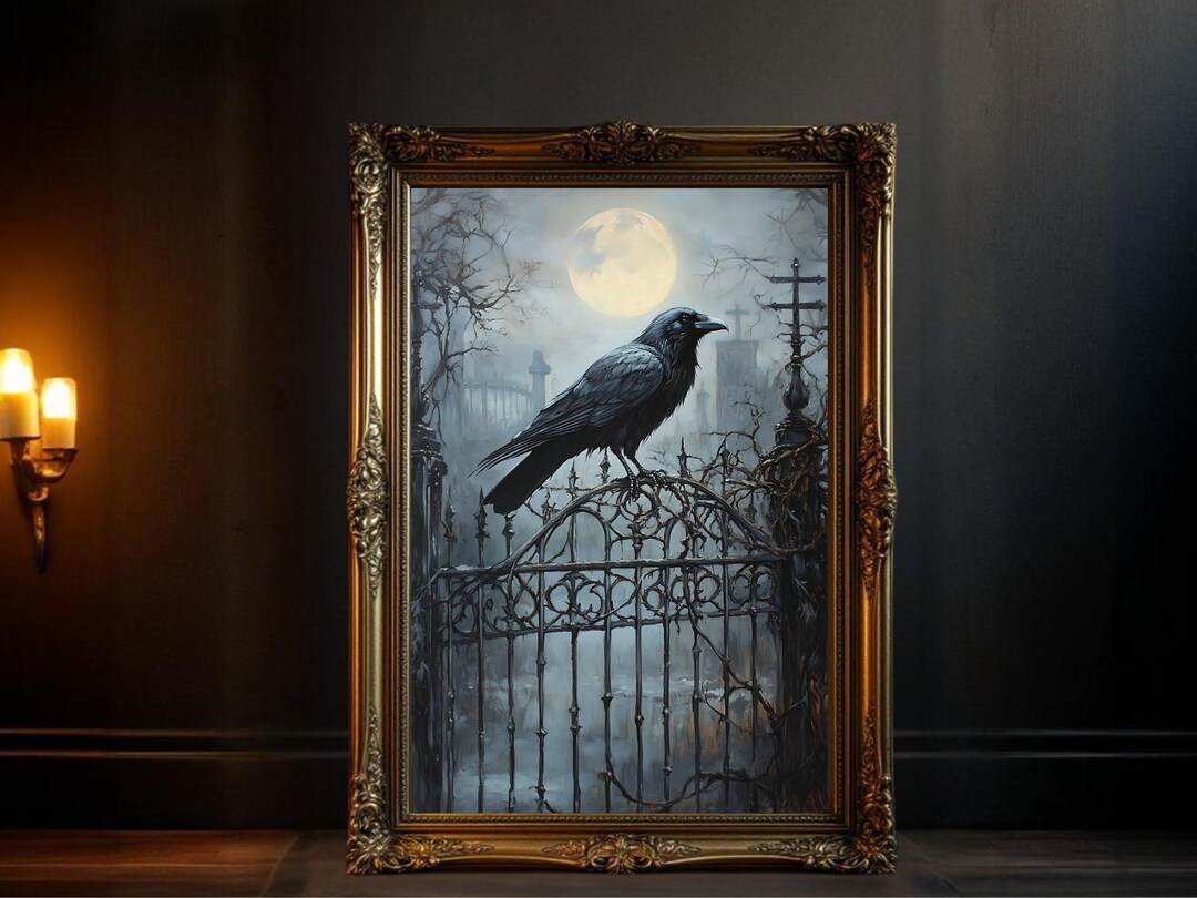 Raven on Gothic Gate Wall Art, Full Moon Crow Artwork, Haunted Night ...