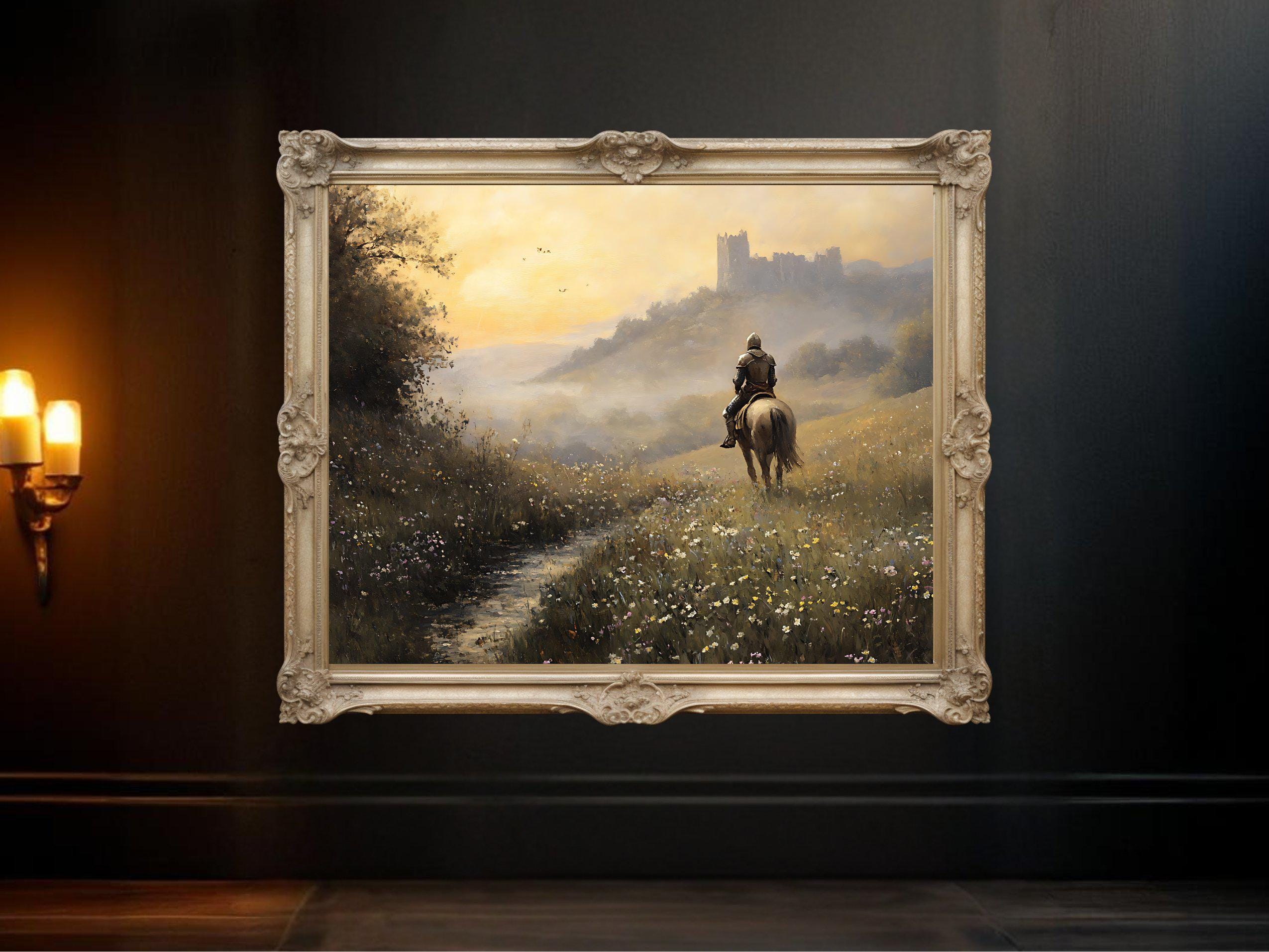 Medieval Knight Wall Art, Castle Landscape Painting, Horseback Rider in ...