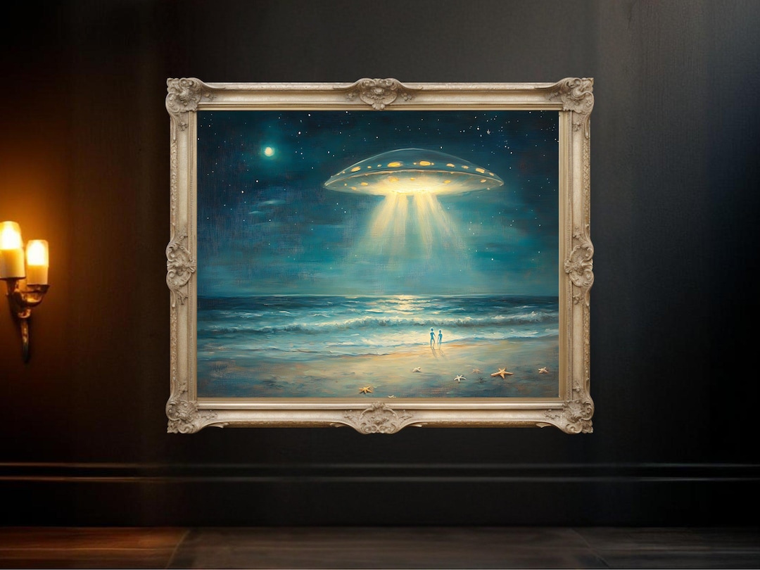 UFO Beach Night Scene, Alien Spaceship Art, Sci-fi Beach Wall Art ...