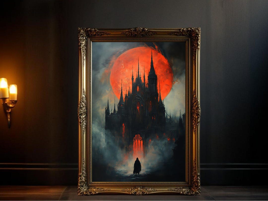 Gothic Castle Wall Art, Dark Fantasy Artwork, Spooky Red Moon Decor ...