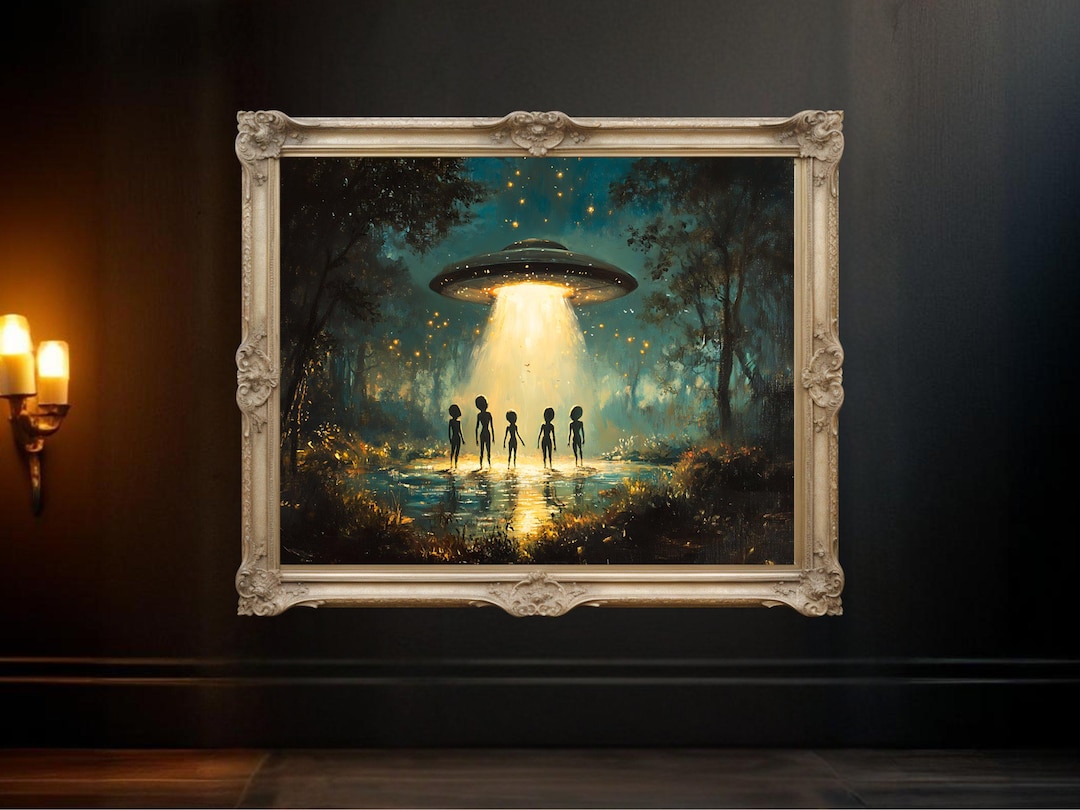 Alien Encounter in Forest Wall Art, UFO Spaceship Light Beam Poster ...
