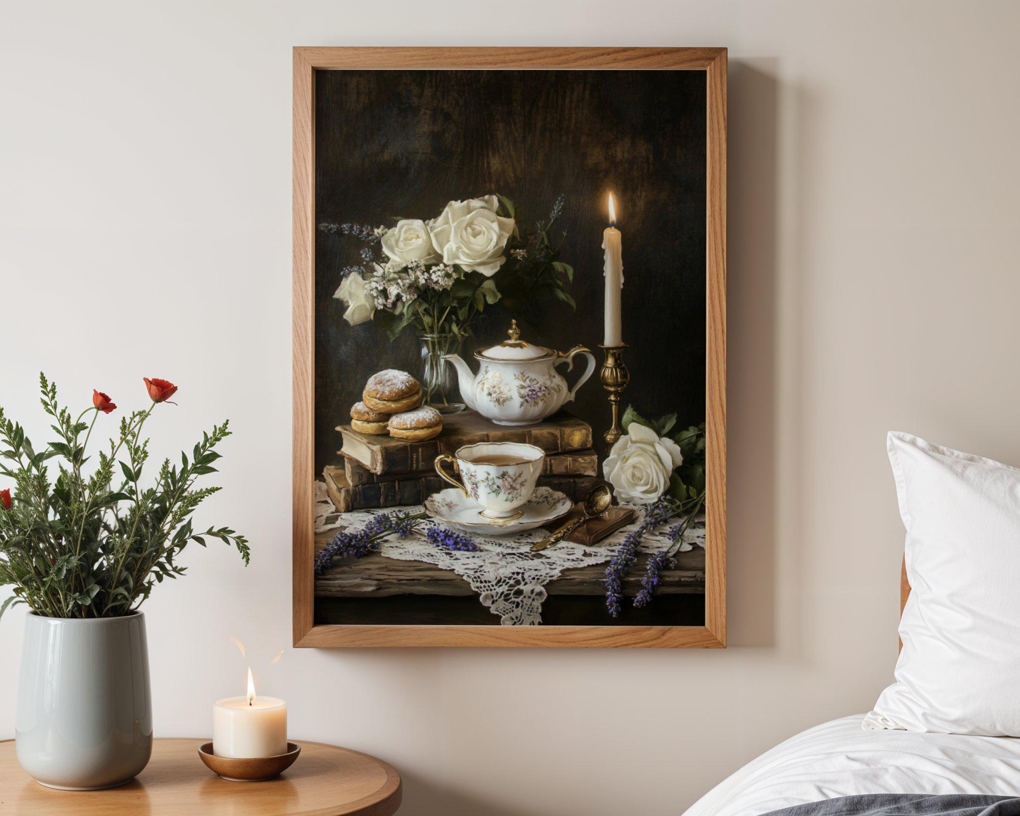 Vintage Tea Set Wall Art Printable, Rustic Book Decor, Romantic ...