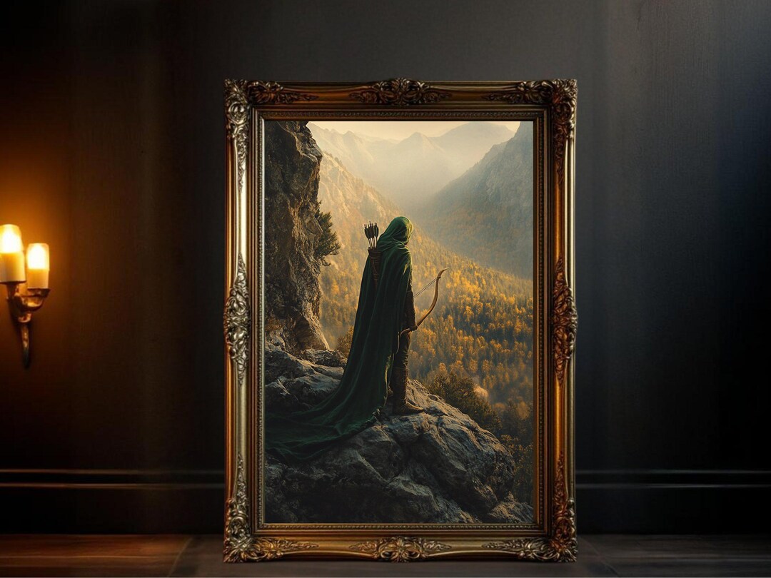 Fantasy Archer Wall Art, Green Cloaked Archer Standing on Mountain ...