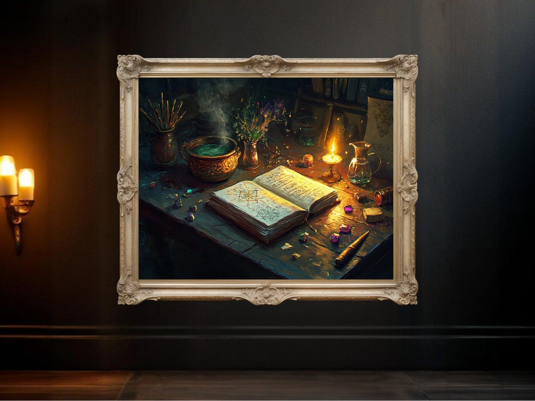 Vintage Magic Spell Book Art Print, Enchanted Candles and Potions Wall ...