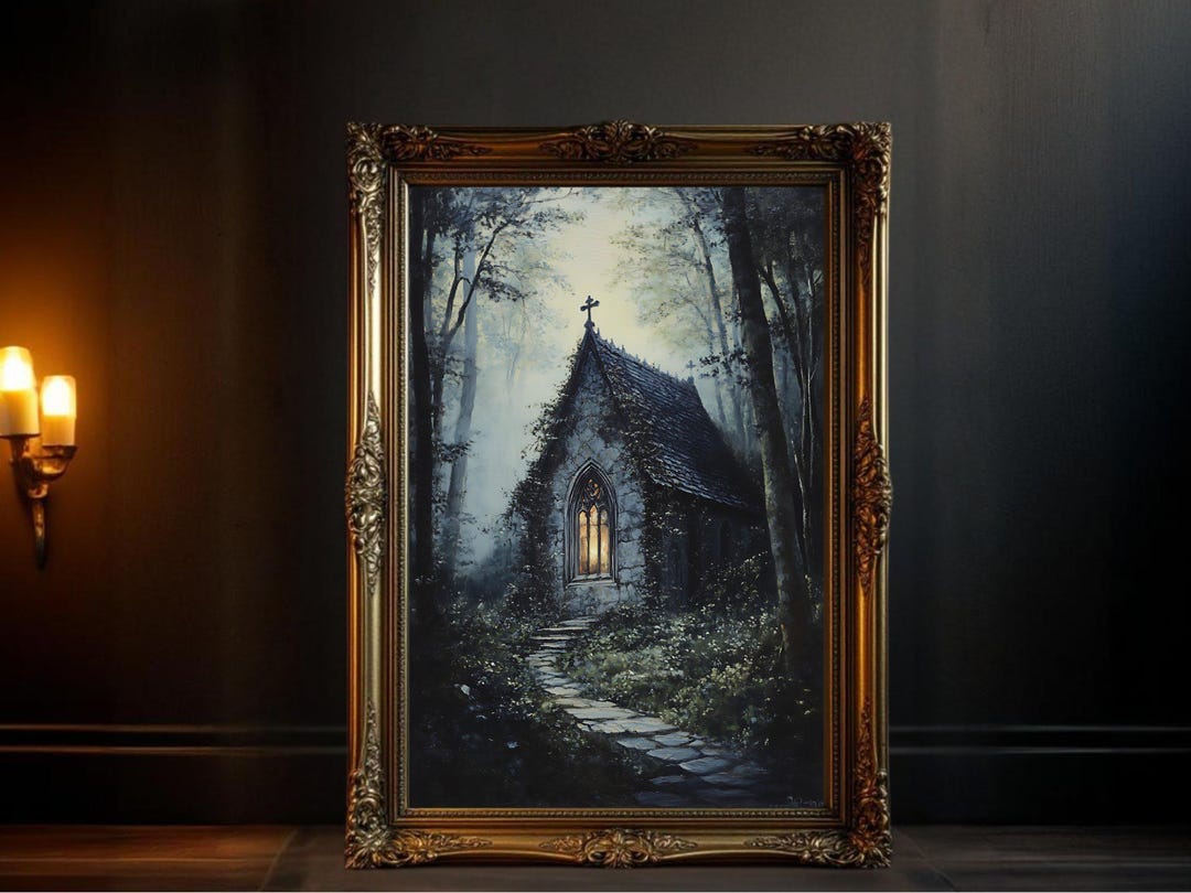Gothic Chapel in Dark Forest Wall Art, Mystical Church Painting ...