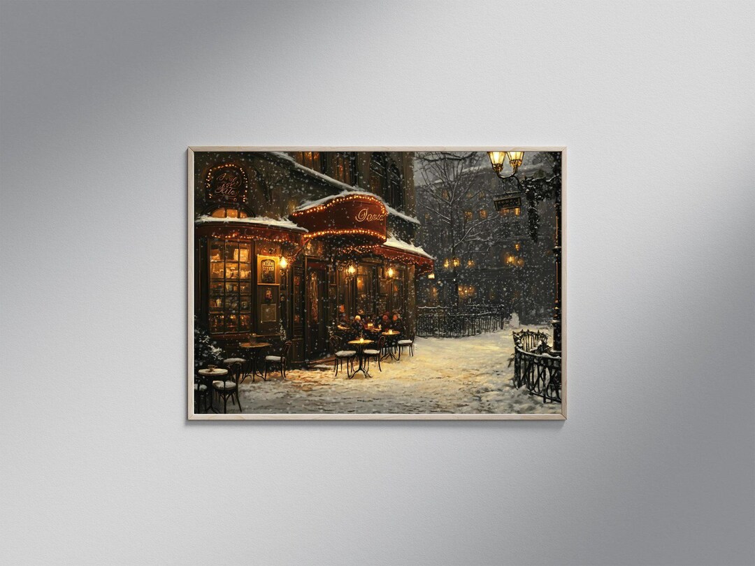 Vintage Parisian Cafe Winter Scene, Snowy Night Street Decor, Romantic ...