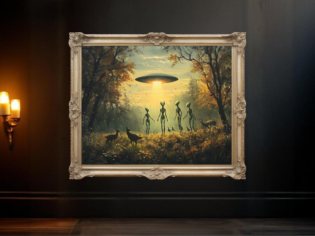 Alien Encounter UFO Spaceship Wall Art Woodland Scene Fantasy Poster ...