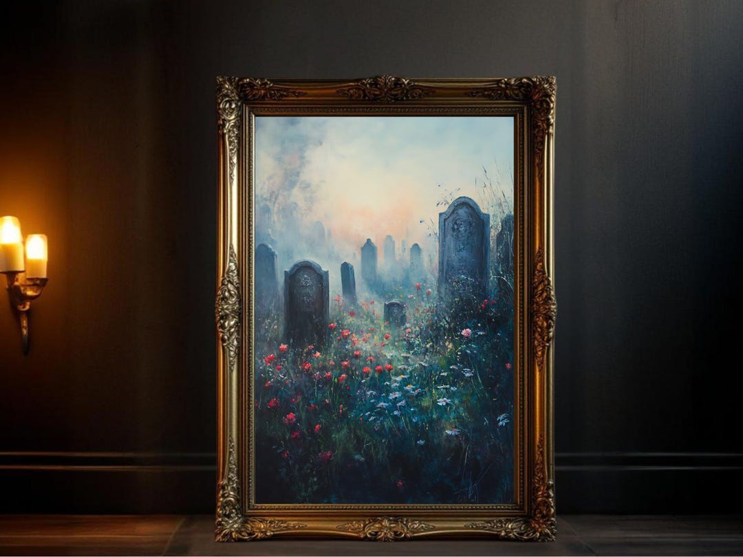 Mysterious Cemetery Wall Art Print, Spooky Graveyard Landscape Painting ...