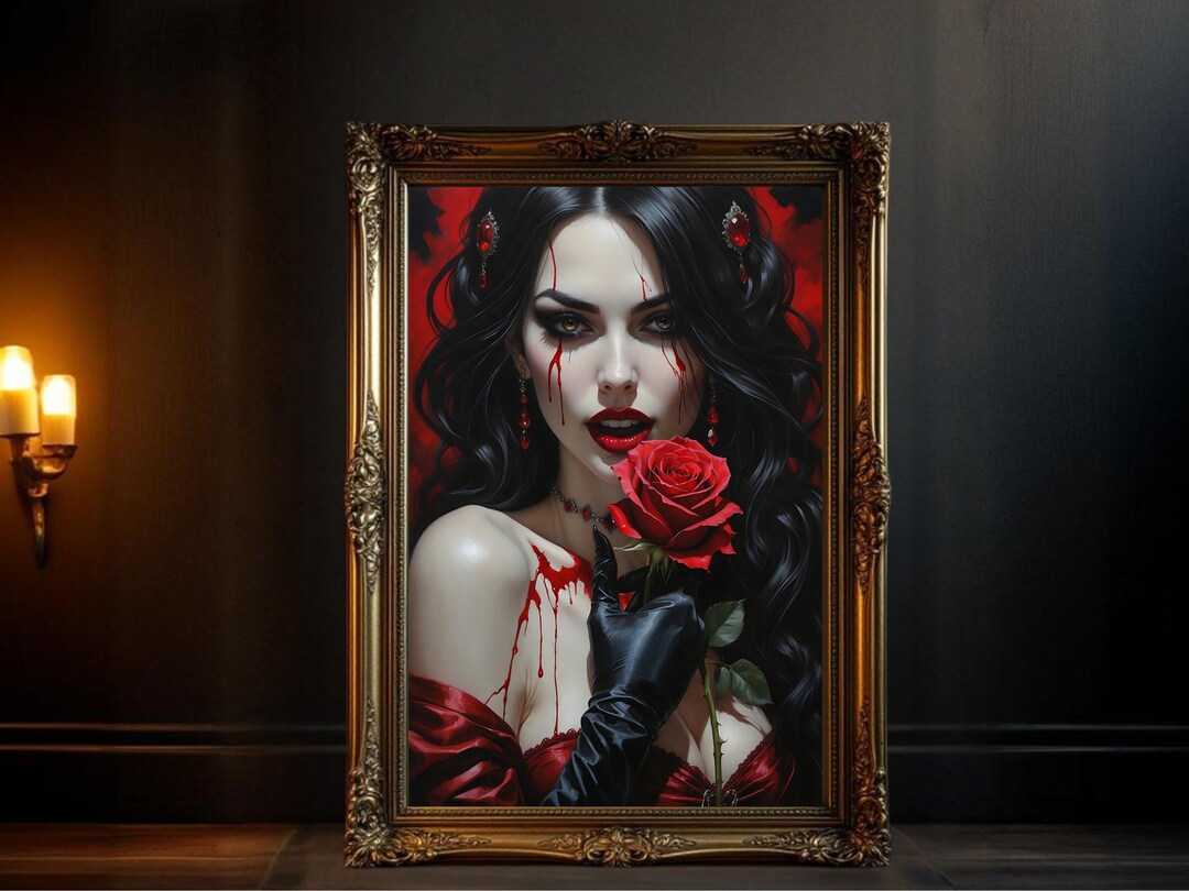 Gothic Vampire Woman Wall Art, Bloody Red Rose Portrait, Dark Fantasy ...